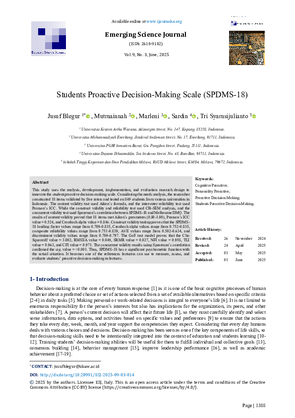 (PDF) STUDENTS PROACTIVE DECISION-MAKING SCALE (SPDMS-18)