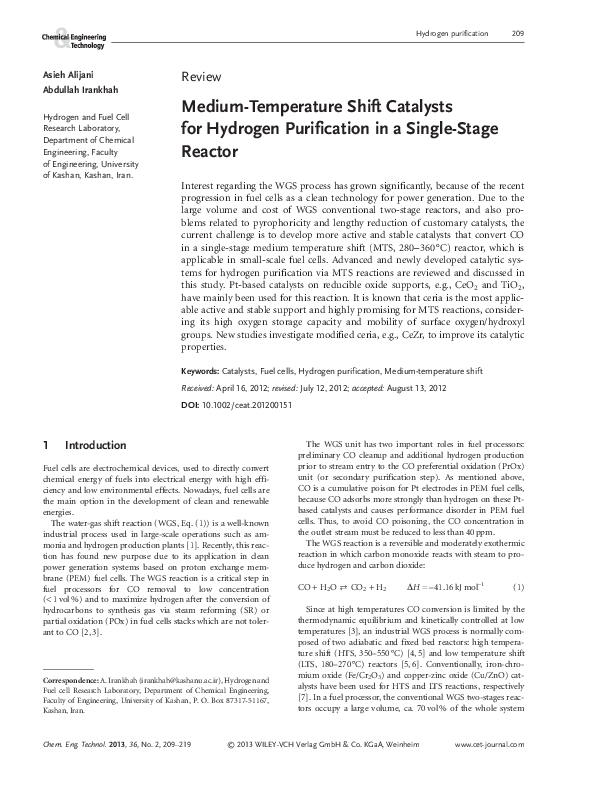 (PDF) Medium-Temperature Shift Catalysts for Hydrogen Purification in a ...