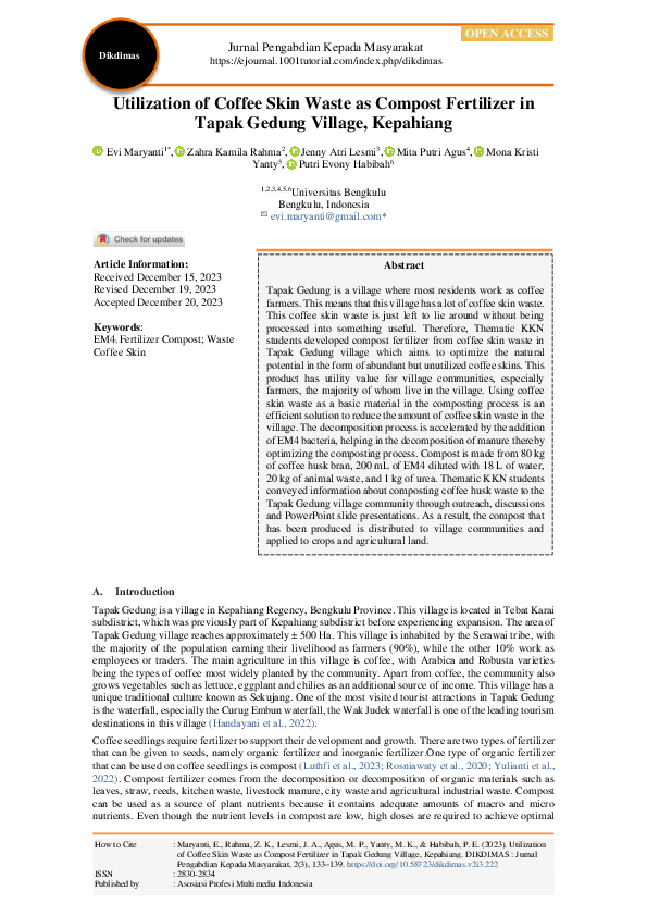 (PDF) Utilization of Coffee Skin Waste as Compost Fertilizer in Tapak ...