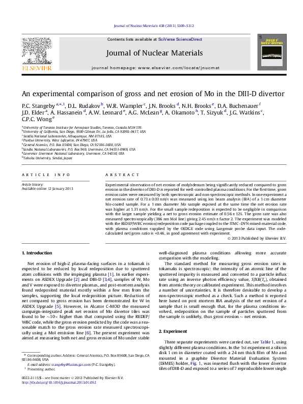 (PDF) An experimental comparison of gross and net erosion of Mo in the ...