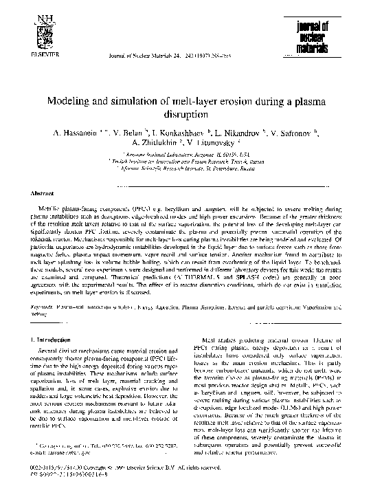 (PDF) Modeling and simulation of melt-layer erosion during a plasma ...
