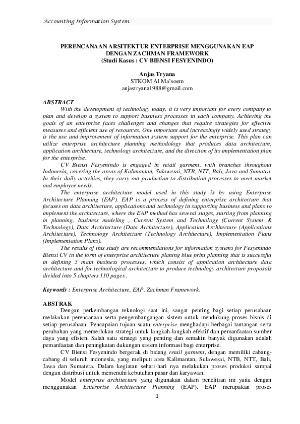 (PDF) PERENCANAAN ARSITEKTUR ENTERPRISE MENGGUNAKAN EAP DENGAN ZACHMAN FRAMEWORK (Studi Kasus ...