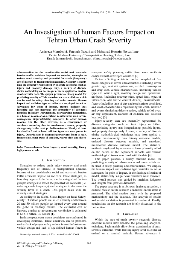 (PDF) An Investigation of human Factors Impact on Tehran Urban Crash ...