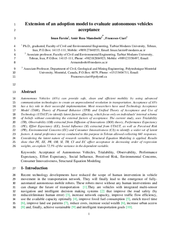 (PDF) Extension of an adoption model to evaluate autonomous vehicles ...