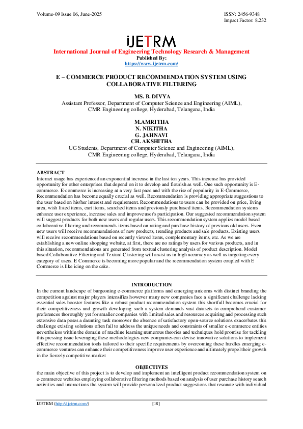 (PDF) E – COMMERCE PRODUCT RECOMMENDATION SYSTEM USING COLLABORATIVE ...