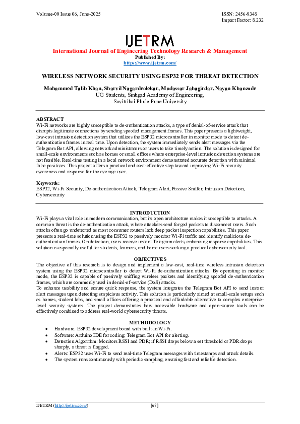 (PDF) WIRELESS NETWORK SECURITY USING ESP32 FOR THREAT DETECTION