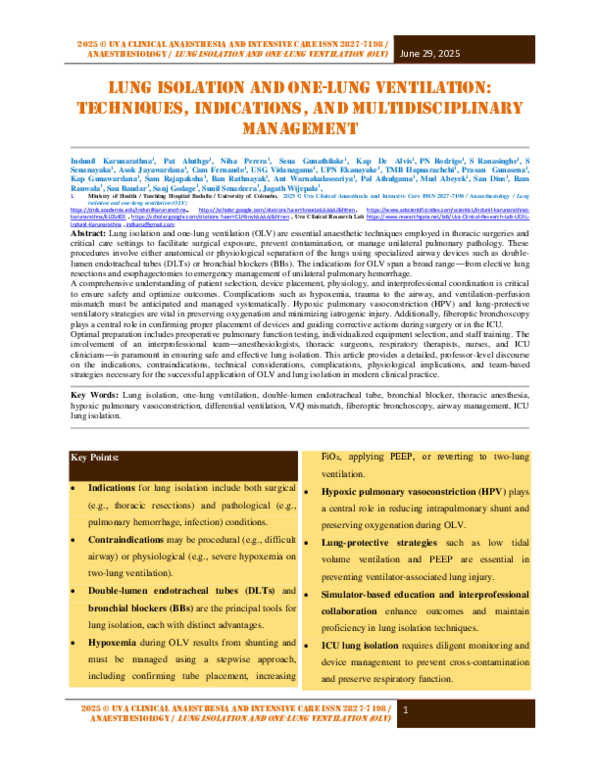 (PDF) Lung Isolation and One-Lung Ventilation: Techniques, Indications ...
