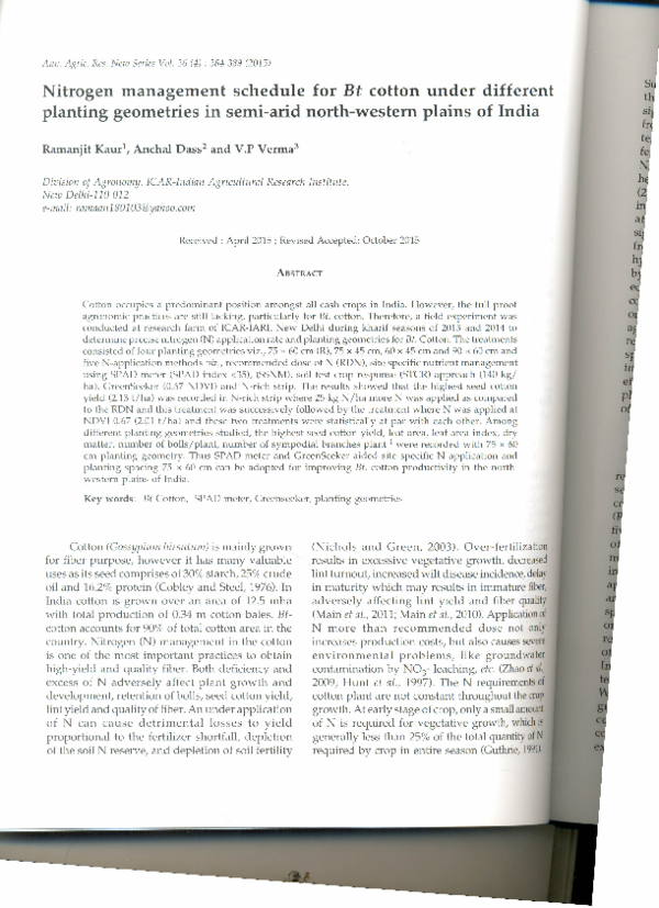 (PDF) Nitrogen management schedule for Bt cotton under different planting geometries in semi ...