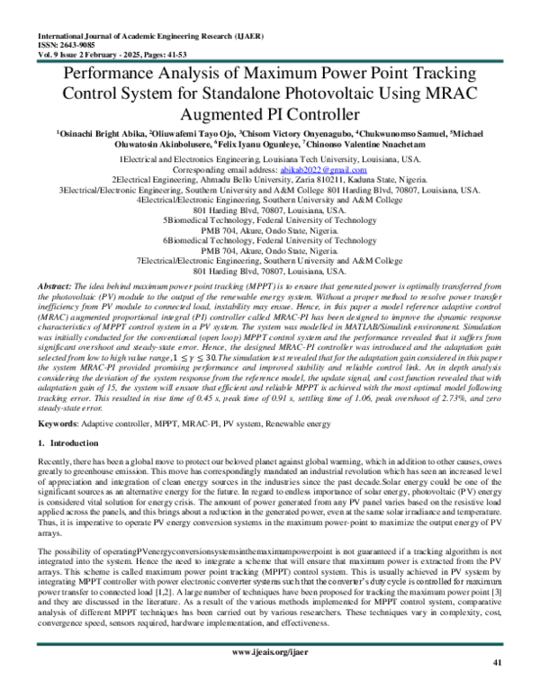(PDF) Performance Analysis of Maximum Power Point Tracking Control System for Standalone ...
