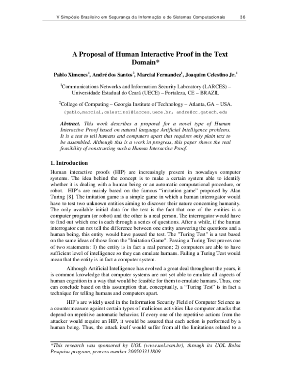 (PDF) A Proposal of Human Interactive Proof in the Text Domain