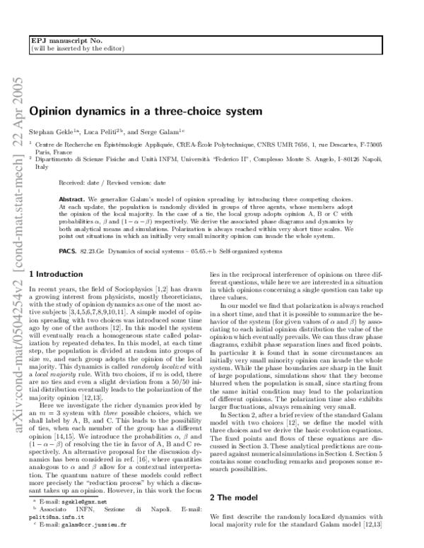 (PDF) Opinion dynamics in a three-choice system