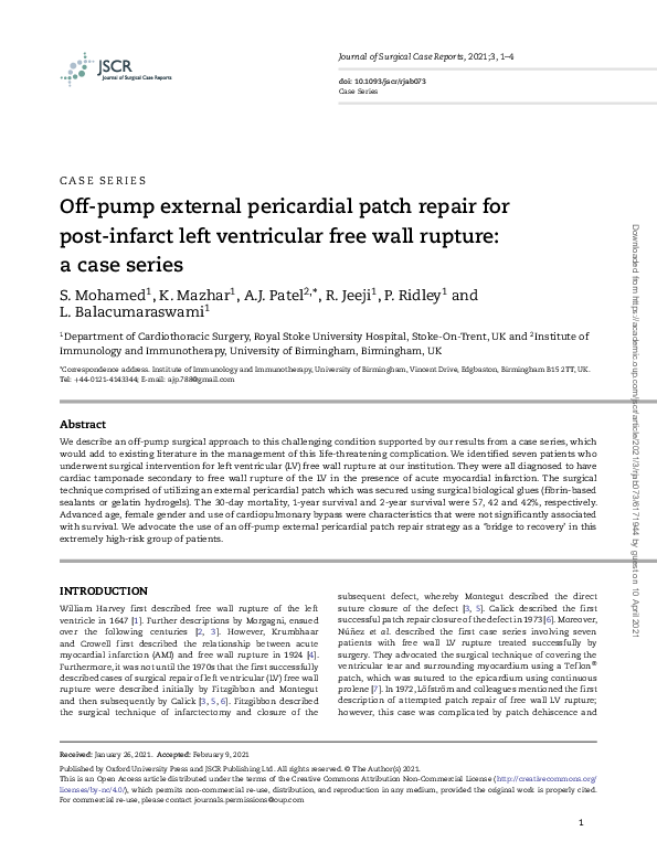 (PDF) Off-pump external pericardial patch repair for post-infarct left ...
