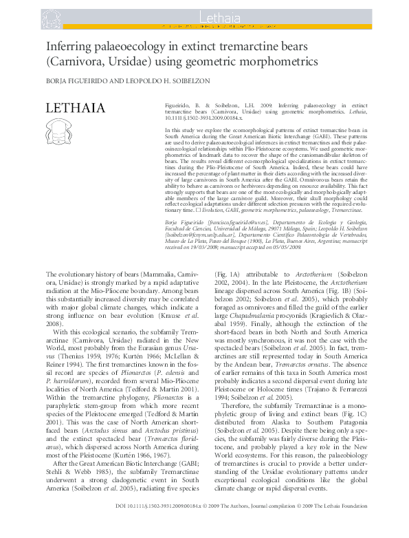 (PDF) Inferring palaeoecology in extinct tremarctine bears (Carnivora ...
