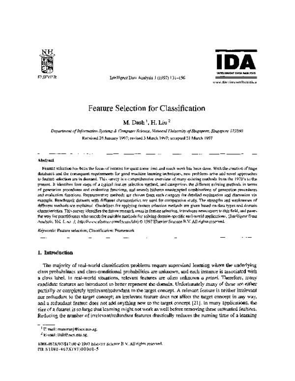 (PDF) Feature selection for classification