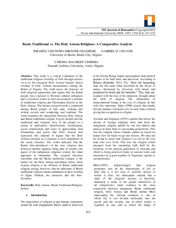 (PDF) Benin Traditional vs. The Holy Aruosa Religions: A Comparative ...