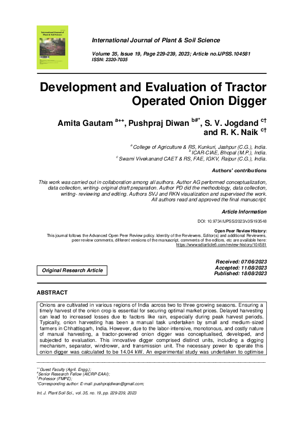 (PDF) Development and Evaluation of Tractor Operated Onion Digger