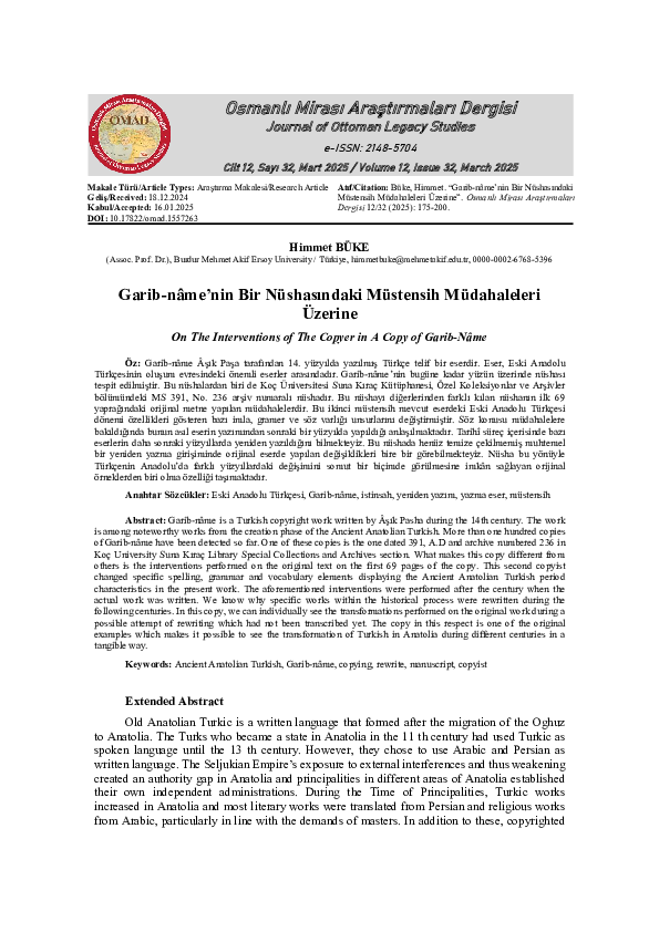 (PDF) Garib-nâme’nin Bir Nüshasındaki Müstensih Müdahaleleri Üzerine
