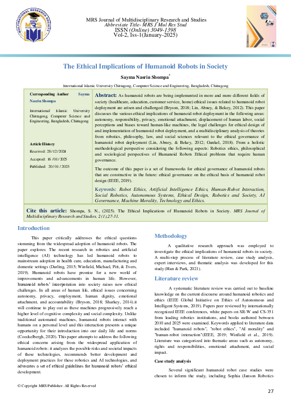 (PDF) The Ethical Implications of Humanoid Robots in Society