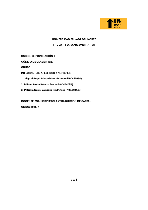 (PDF) UNIVERSIDAD PRIVADA DEL NORTE TÍTULO : TEXTO ARGUMENTATIVO CURSO: COMUNICACIÓN II CÓDIGO ...