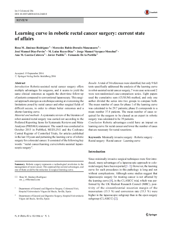 Pdf Learning Curve In Robotic Rectal Cancer Surgery Current State Of