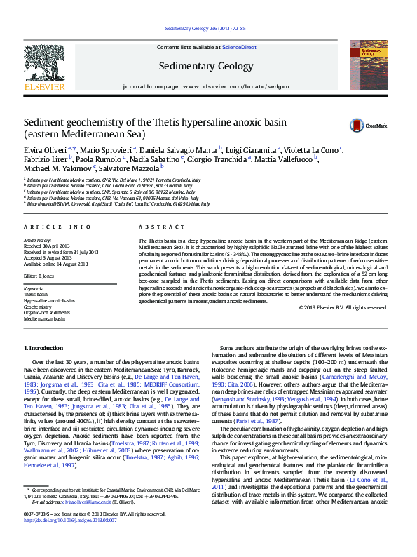 (PDF) Sediment geochemistry of the Thetis hypersaline anoxic basin ...