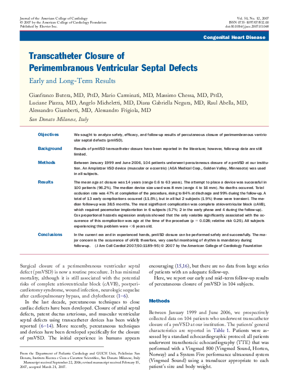 (PDF) Transcatheter Closure of Perimembranous Ventricular Septal Defects
