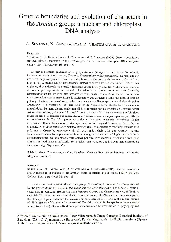 (PDF) Generic boundaries and evolution of characters in the Arctium ...