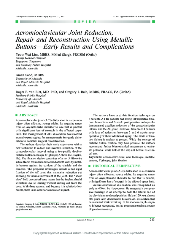 (PDF) Acromioclavicular Joint Reduction, Repair and Reconstruction ...