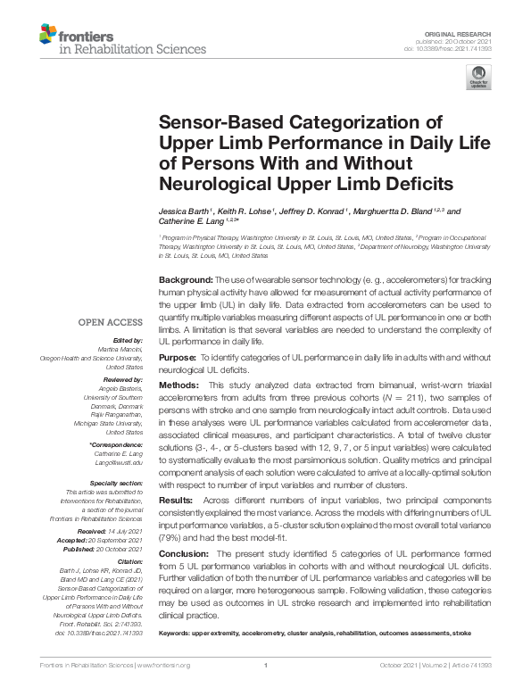 (PDF) Sensor-Based Categorization of Upper Limb Performance in Daily ...
