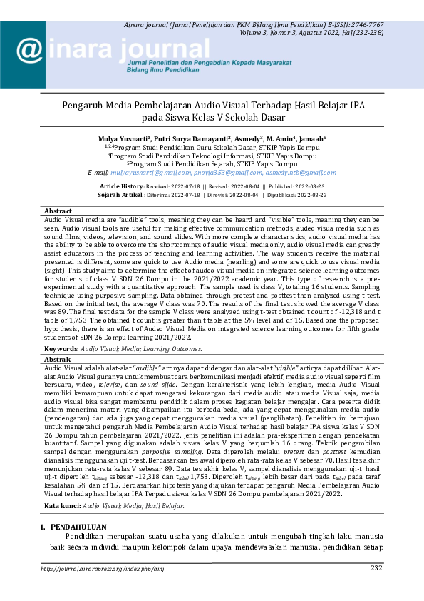 (PDF) Pengaruh Media Pembelajaran Audio Visual Terhadap Hasil Belajar IPA pada Siswa Kelas V ...