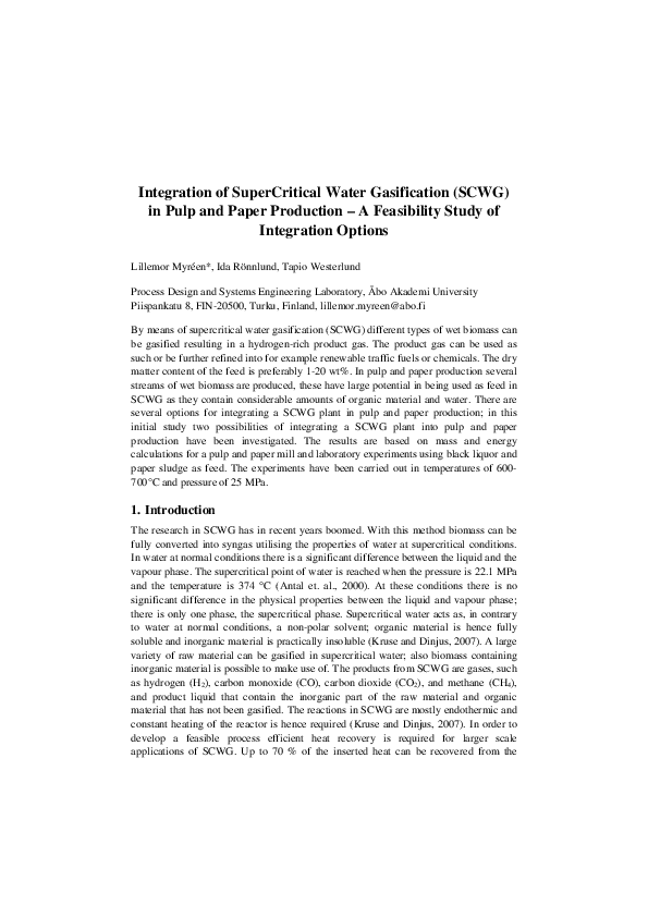 (PDF) Integration of SuperCritical Water Gasification (SCWG) in Pulp ...