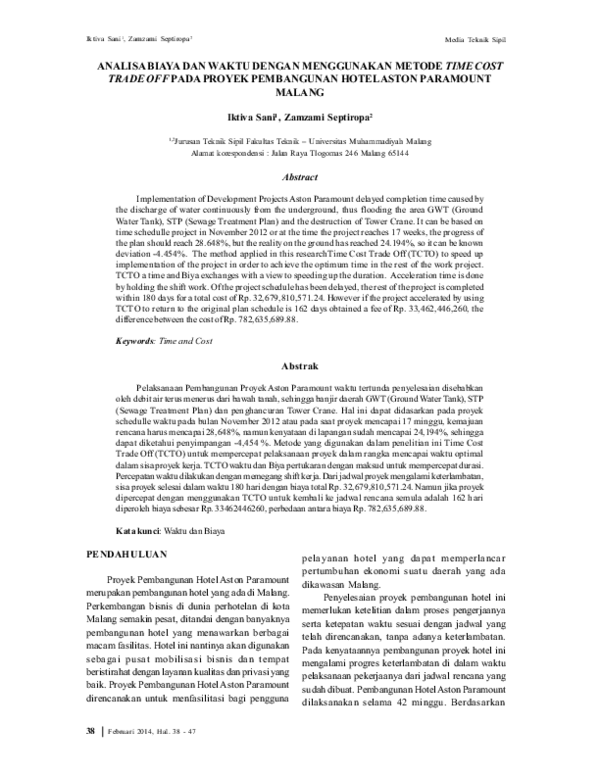 (PDF) Analisa Biaya Dan Waktu Dengan Menggunakan Metode Time Cost Trade Off Pada Proyek ...