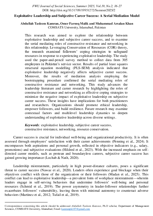 (PDF) Exploitative Leadership and Subjective Career Success: A Serial ...