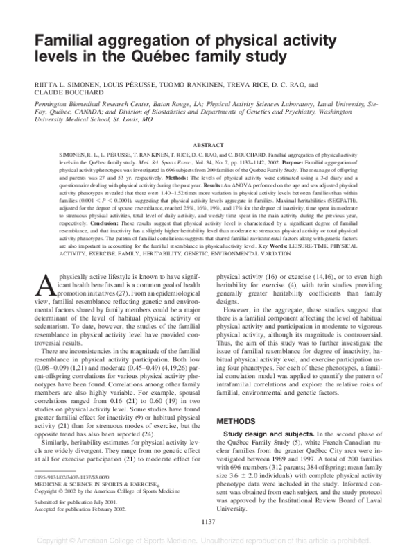 (PDF) Familial aggregation of physical activity levels in the Qu??bec ...