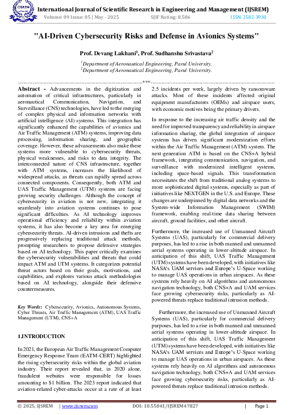(PDF) "AI-Driven Cybersecurity Risks and Defense in Avionics Systems"