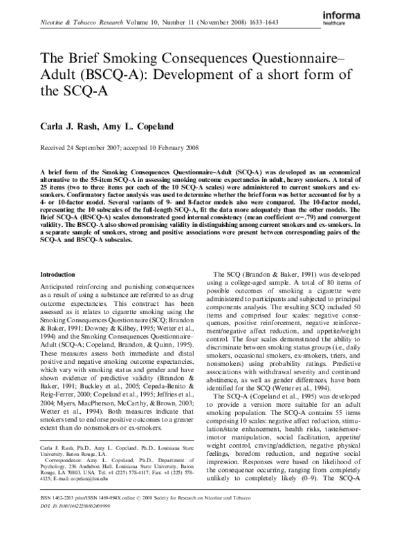 (PDF) The Brief Smoking Consequences Questionnaire-Adult (BSCQ-A ...