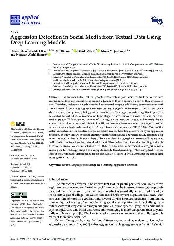 (PDF) Aggression Detection in Social Media from Textual Data Using Deep Learning Models