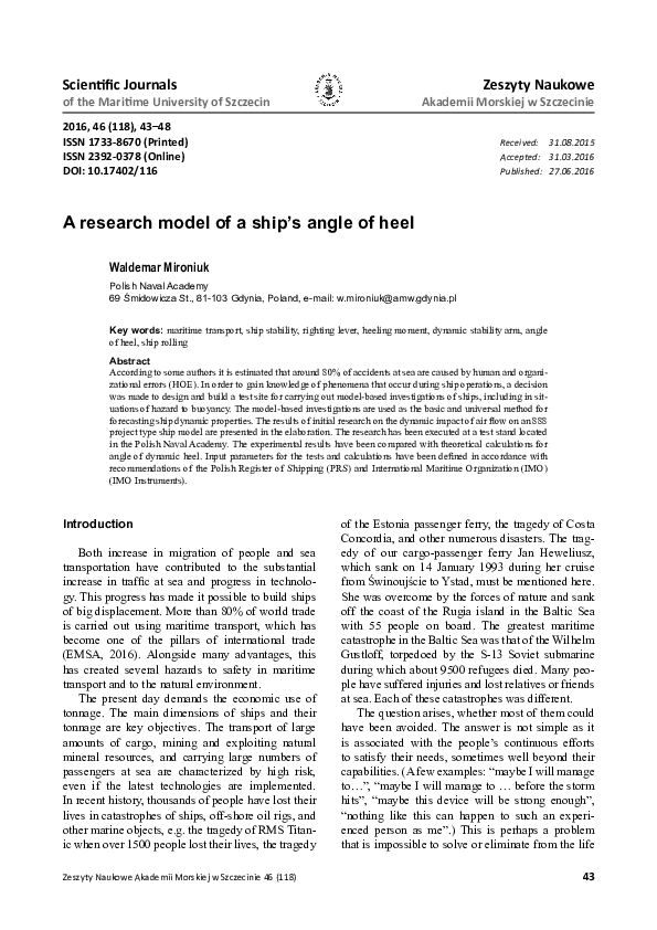 (PDF) Determination of Ship’s Angle of Dynamic Heel Based on Model Tests
