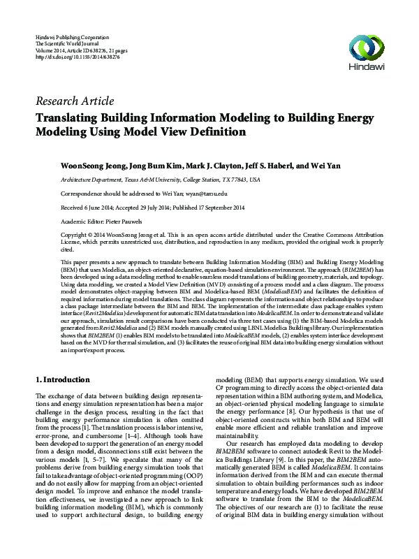 (PDF) Translating building information modeling to building energy modeling using model view ...