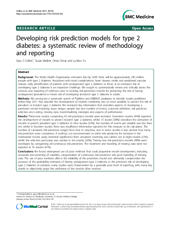 (PDF) Developing risk prediction models for type 2 diabetes: a ...