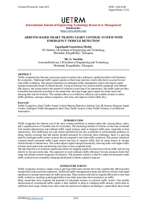 (PDF) ARDUINO BASED SMART TRAFFIC LIGHT CONTROL SYSTEM WITH EMERGENCY VEHICLE DETECTION
