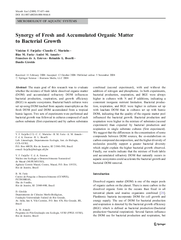 (PDF) Synergy of Fresh and Accumulated Organic Matter to Bacterial Growth