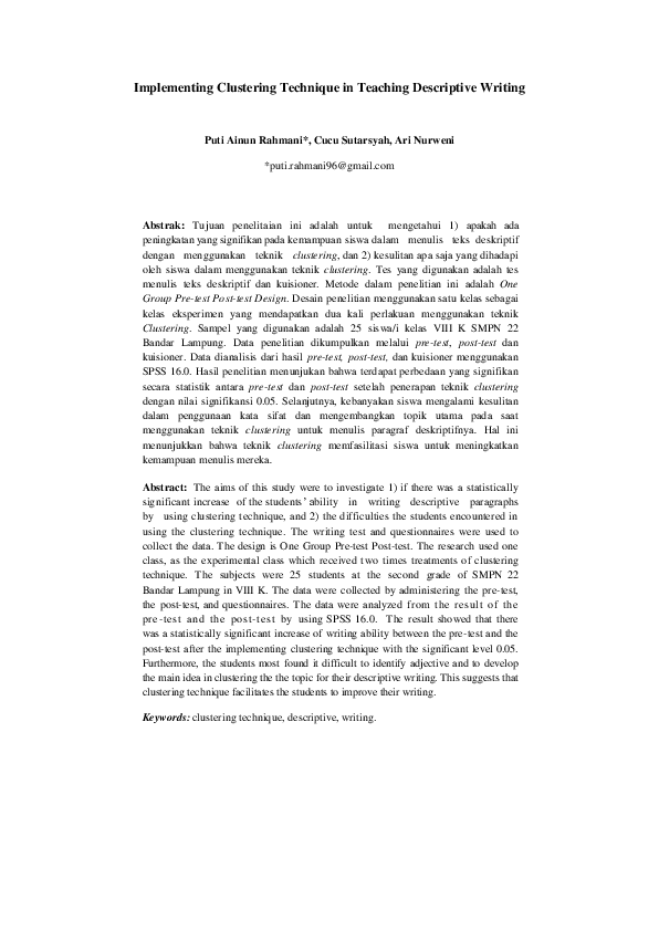 (PDF) Implementing Culstering Technique in Teaching Descriptive Writing