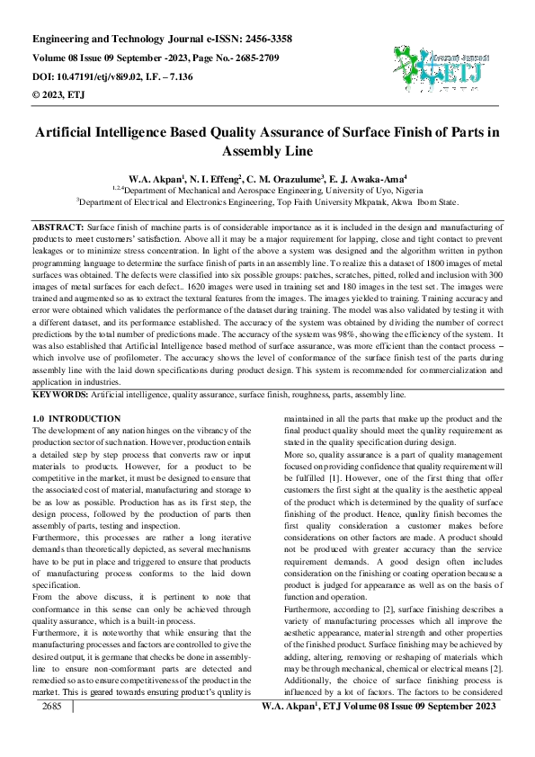 (PDF) Artificial Intelligence Based Quality Assurance of Surface Finish ...