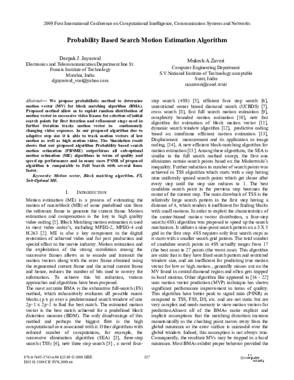 (PDF) Probability Based Search Motion Estimation Algorithm
