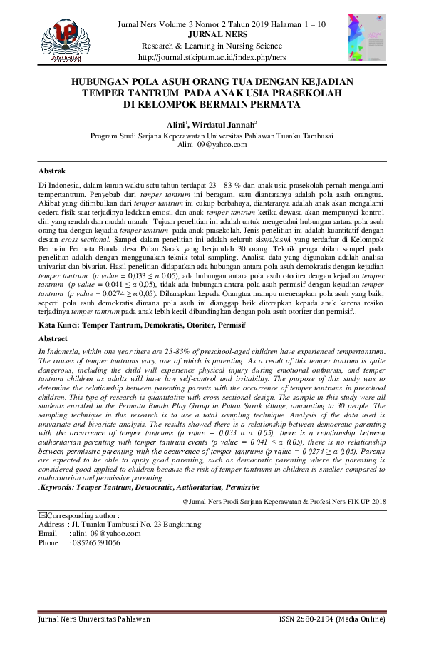 (PDF) Hubungan Pola Asuh Orang Tua Dengan Kejadian Temper Tantrum Pada Anak Usia Prasekolah DI ...