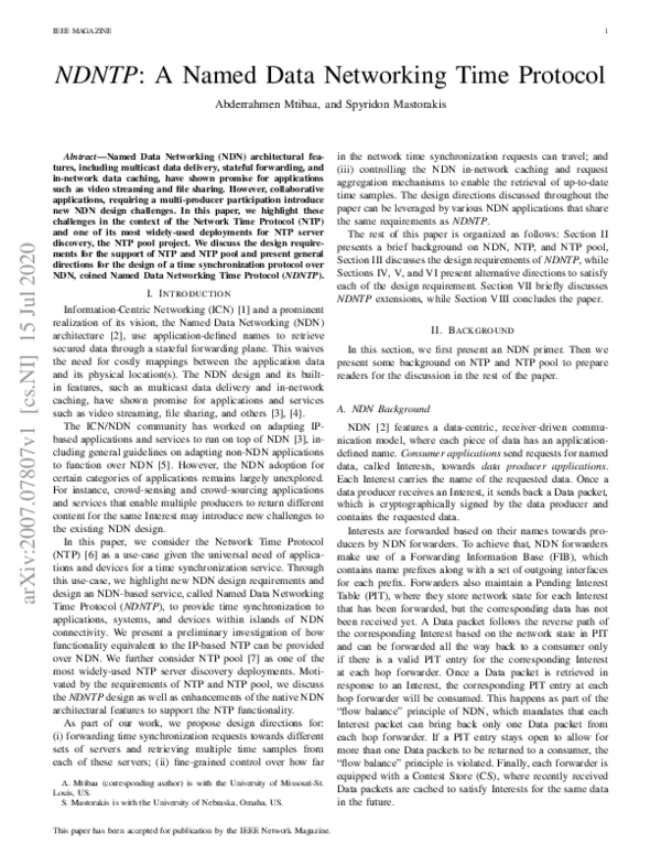(PDF) NDNTP: A Named Data Networking Time Protocol