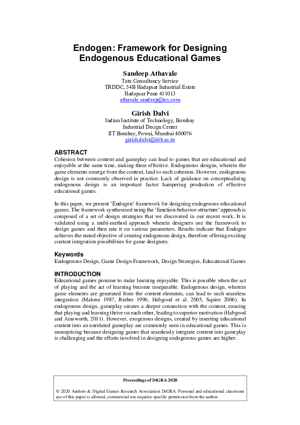 (PDF) Endogen: Framework for Designing Endogenous Educational Games