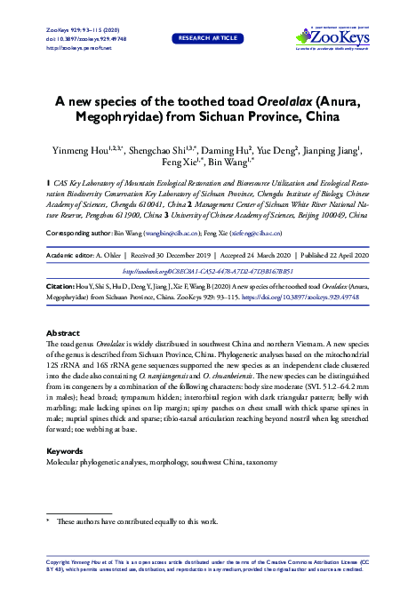 (PDF) A new species of the toothed toad Oreolalax (Anura, Megophryidae ...
