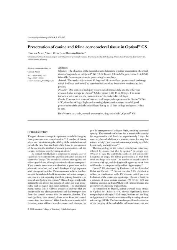 (PDF) Preservation of canine and feline corneoscleral tissue in Optisol® GS